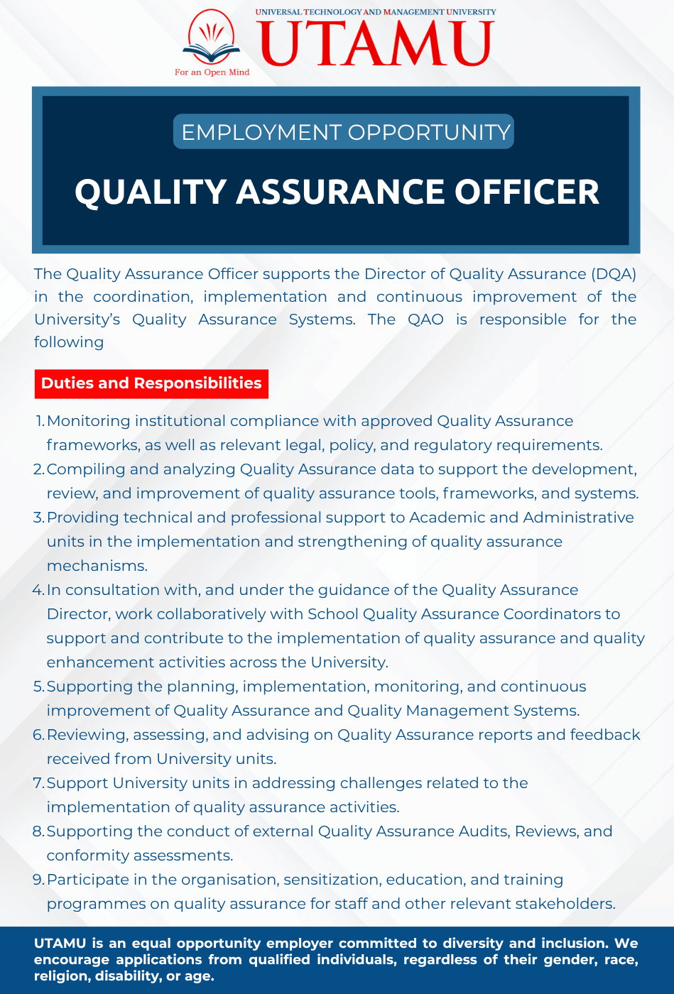 Job Advert for the Position of Quality Assurance Officer – UTAMU ...